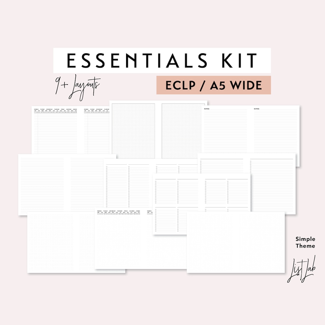 ECLP & A5 WIDE Size ESSENTIALS Kit | Printable Minimalist Ring Planner ...