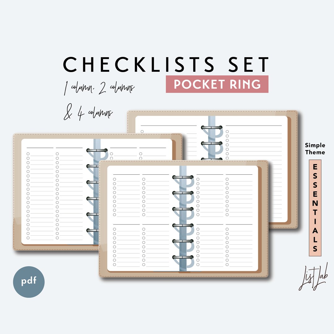Pocket Ring CHECKLISTS SET | Printable Minimalist Ring Planner Inserts ...