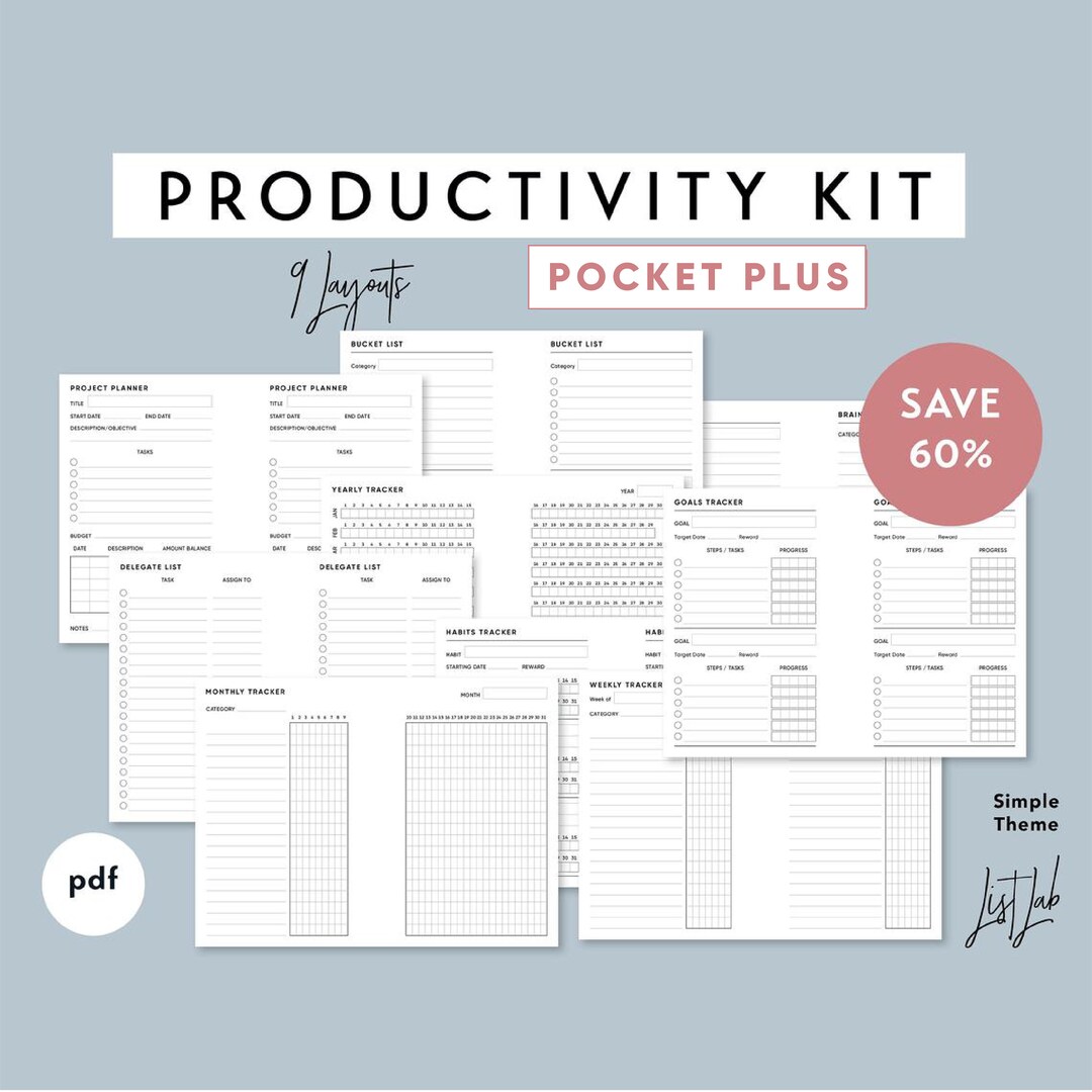 Pocket PLUS PRODUCTIVITY KIT | Printable Minimalist Ring Planner ...