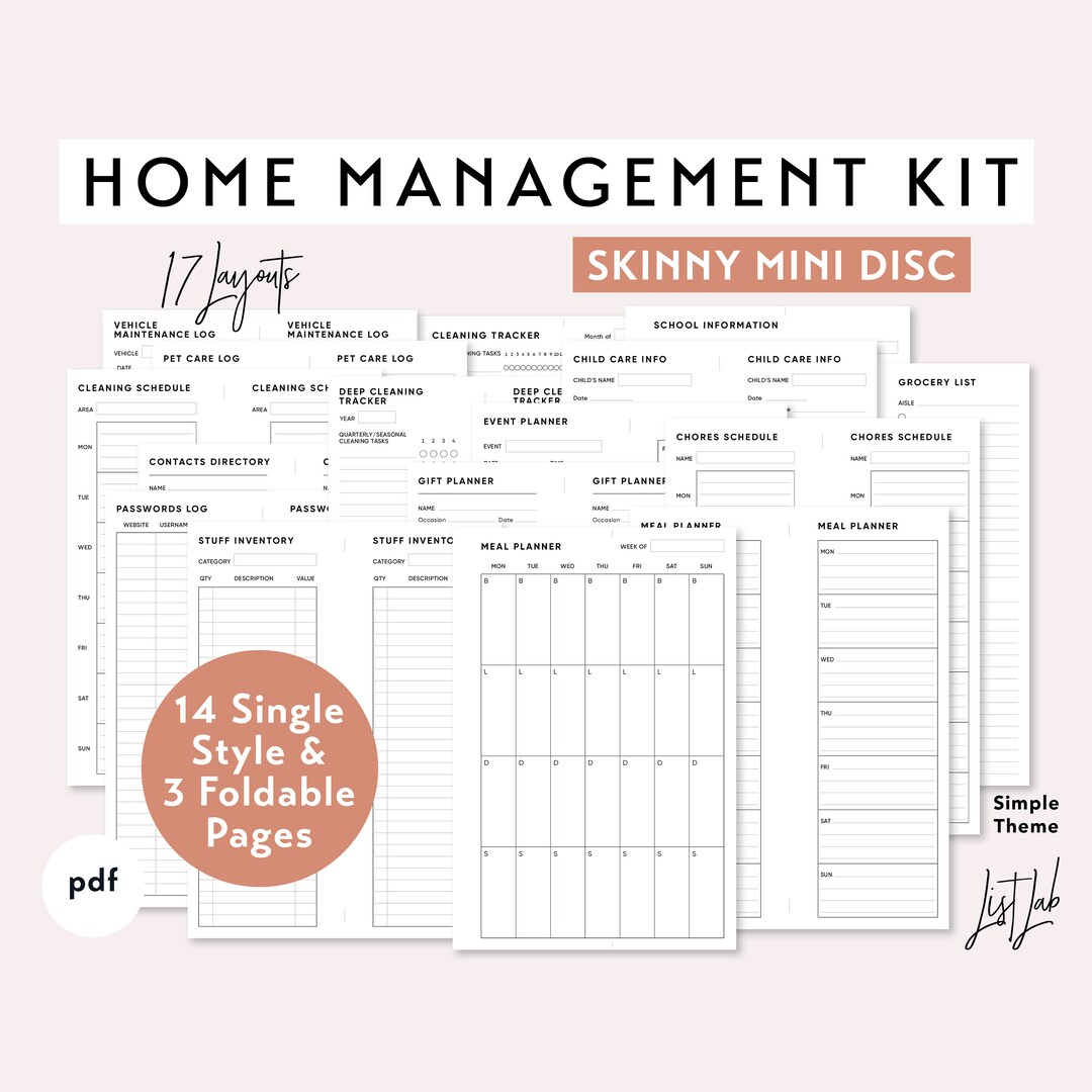 SKINNY MINI Size HOME Management Kit for Disc Bound Planner - Printable ...