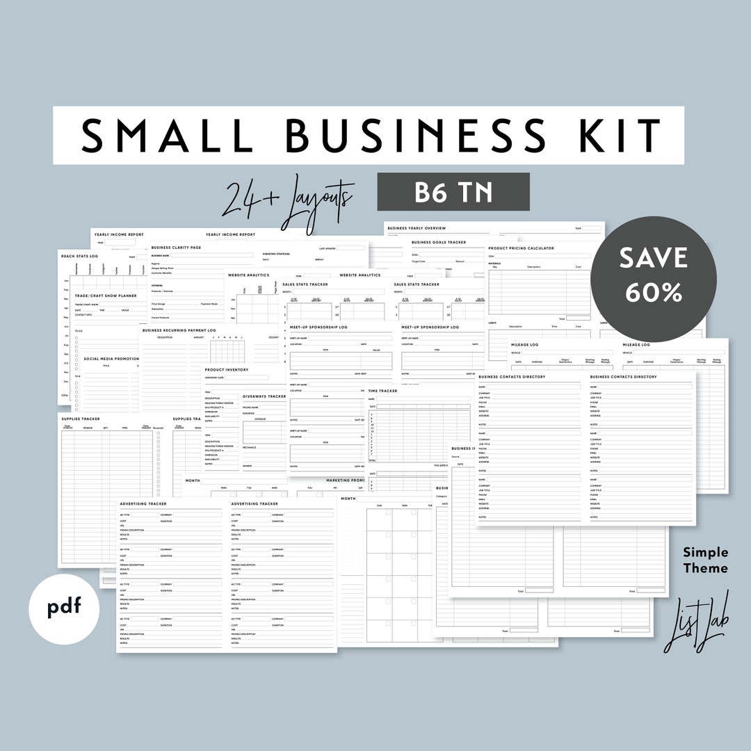 B6 TN SMALL BUSINESS Kit | Printable Traveler's Notebook Inserts Set ...