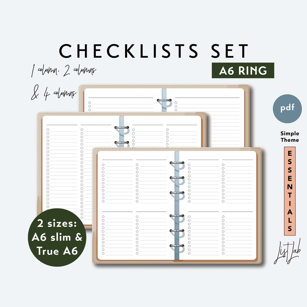 A6 Ring Checklists Set - Printable Ring Planner Insert PDF - Simple ...