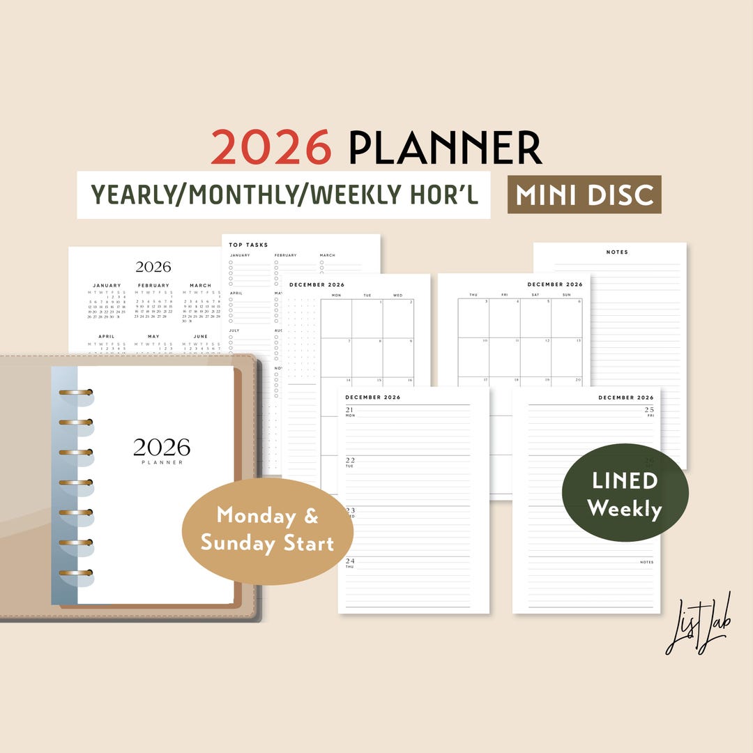 2026 Mini Disc Yearly Monthly Weekly Wo2p LINED Horizontalprintable ...