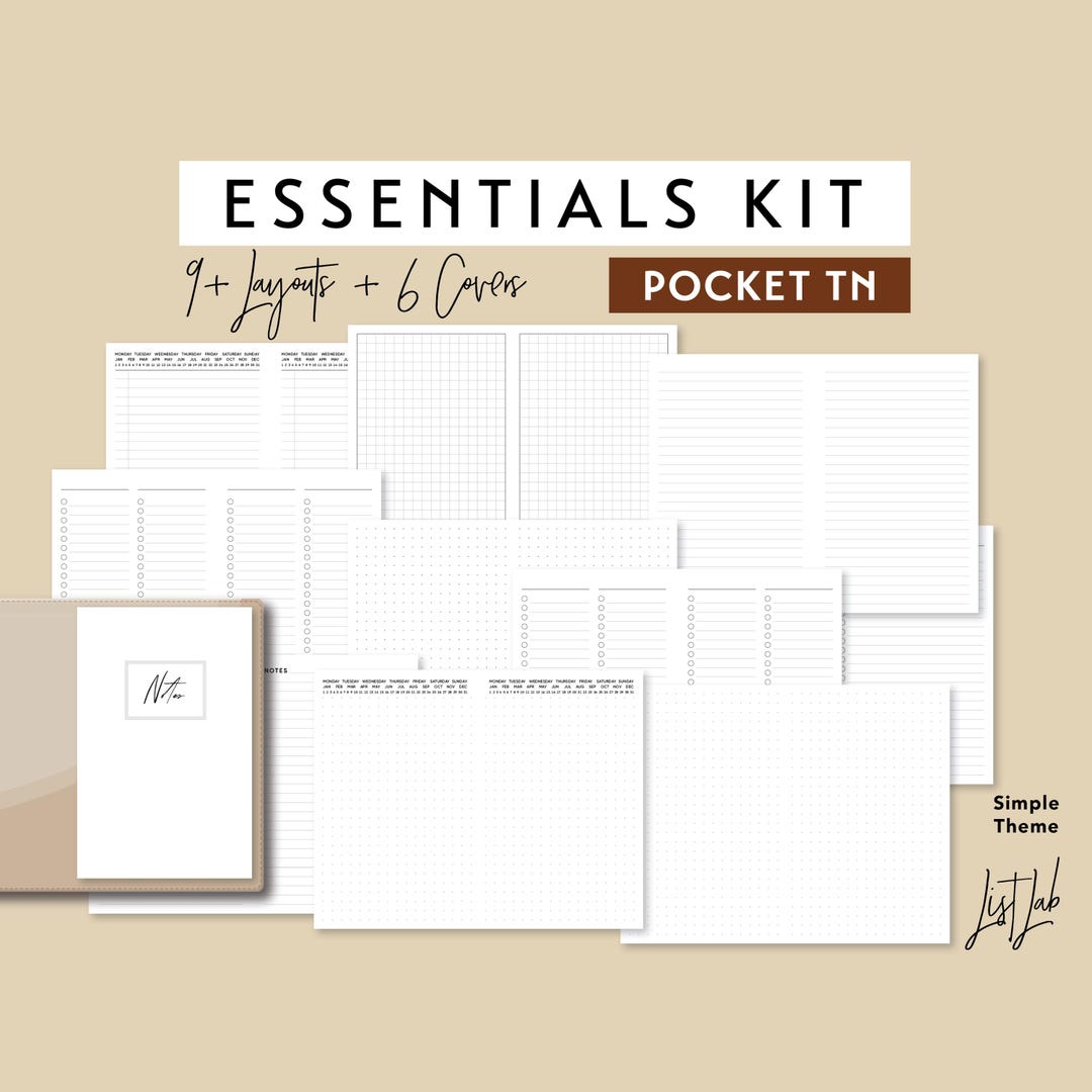 Pocket TN ESSENTIALS KIT | Printable Minimalist Traveler's Notebook ...