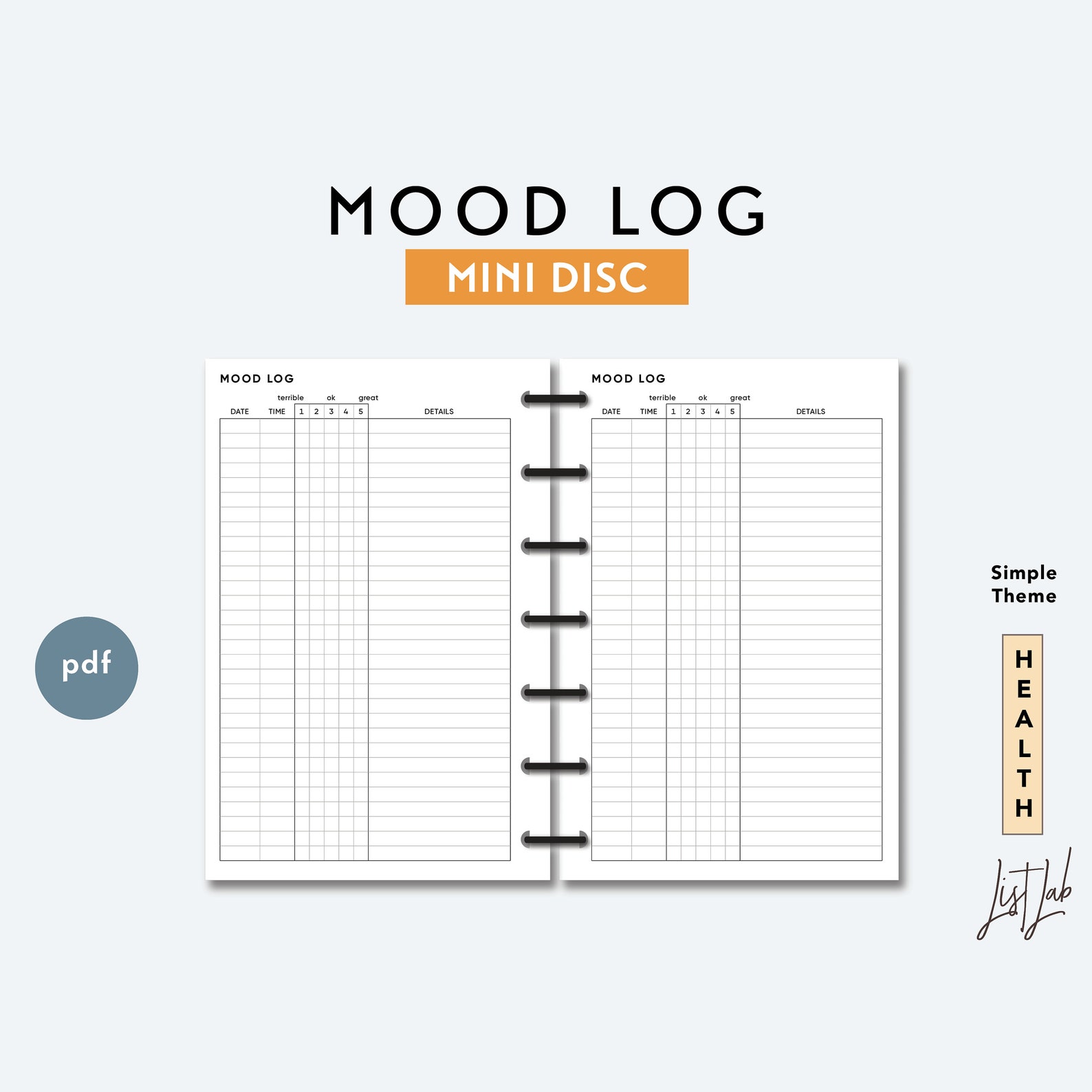 MINI Disc MOOD LOG | Printable Minimalist Discbound Planner Insert ...