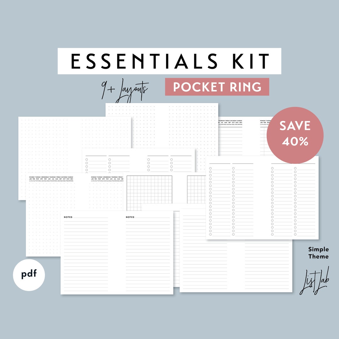 Pocket Ring ESSENTIALS KIT Printable Minimalist Ring Planner Inserts Set Pdf Simple 9 Layouts ...