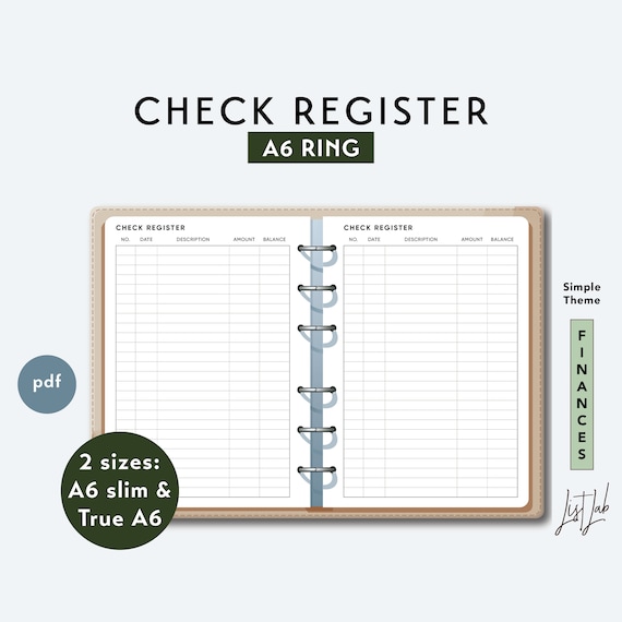 A6 Ring CHECK REGISTER Printable Ring Planner Insert Pdf - Etsy