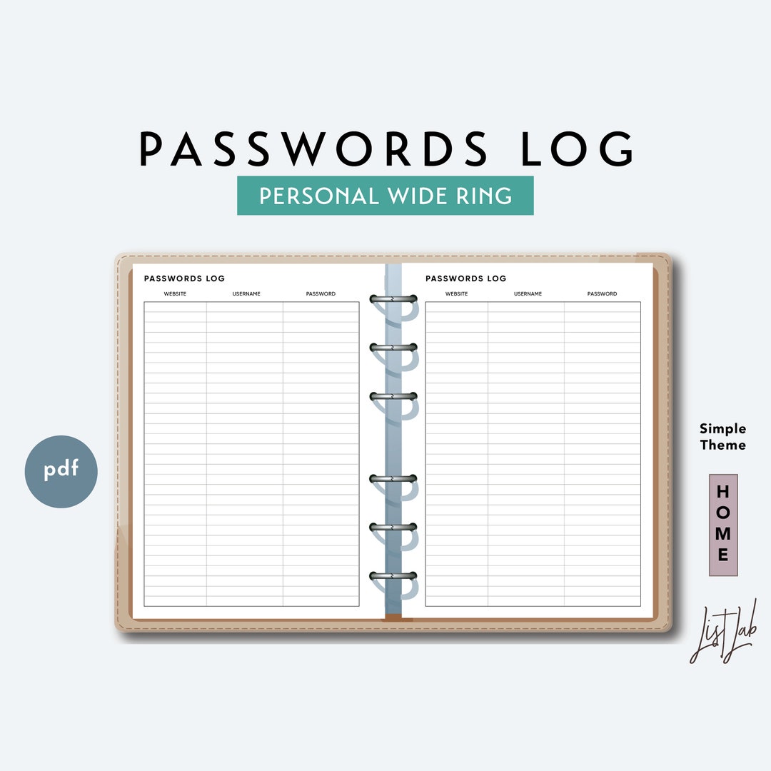 Personal Wide PASSWORDS LOG - Printable Ring Planner Insert Pdf ...