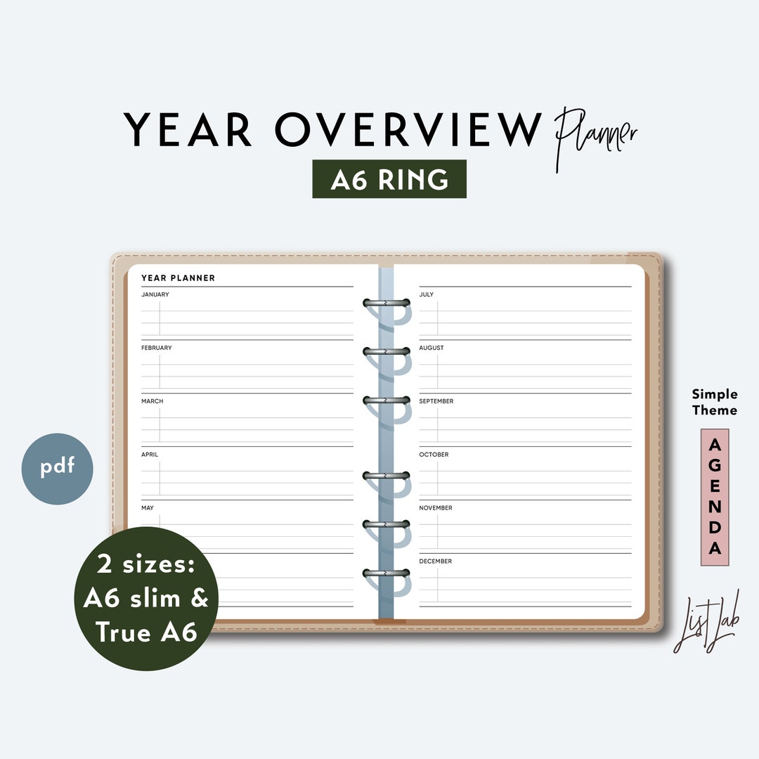 A6 Ring YEAR OVERVIEW PLANNER - Printable Ring Planner Insert Pdf ...