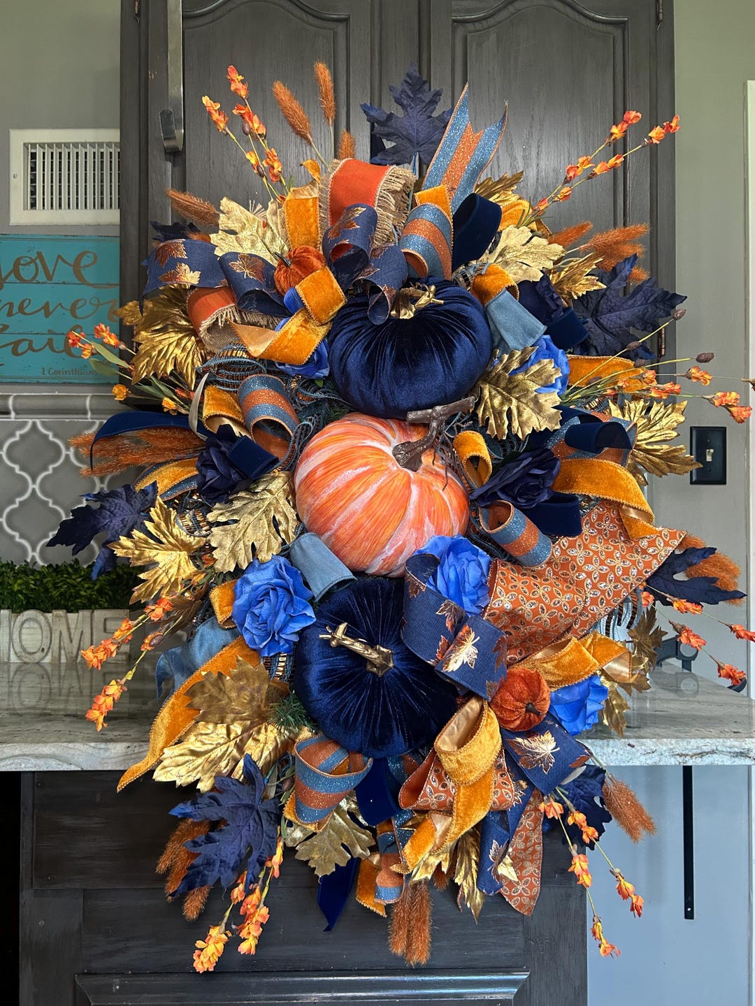 Blue Pumpkin Fall Wreath: XL Autumn Decor - Etsy