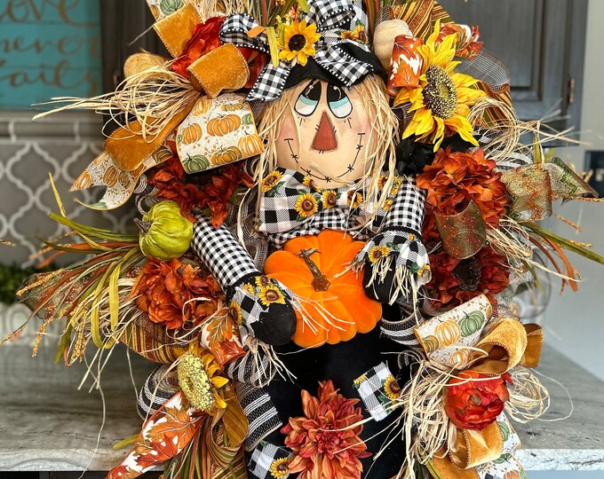 Fall Scarecrow Face Wreath for Front Door, Straw Hat Door Hanger, Fall ...
