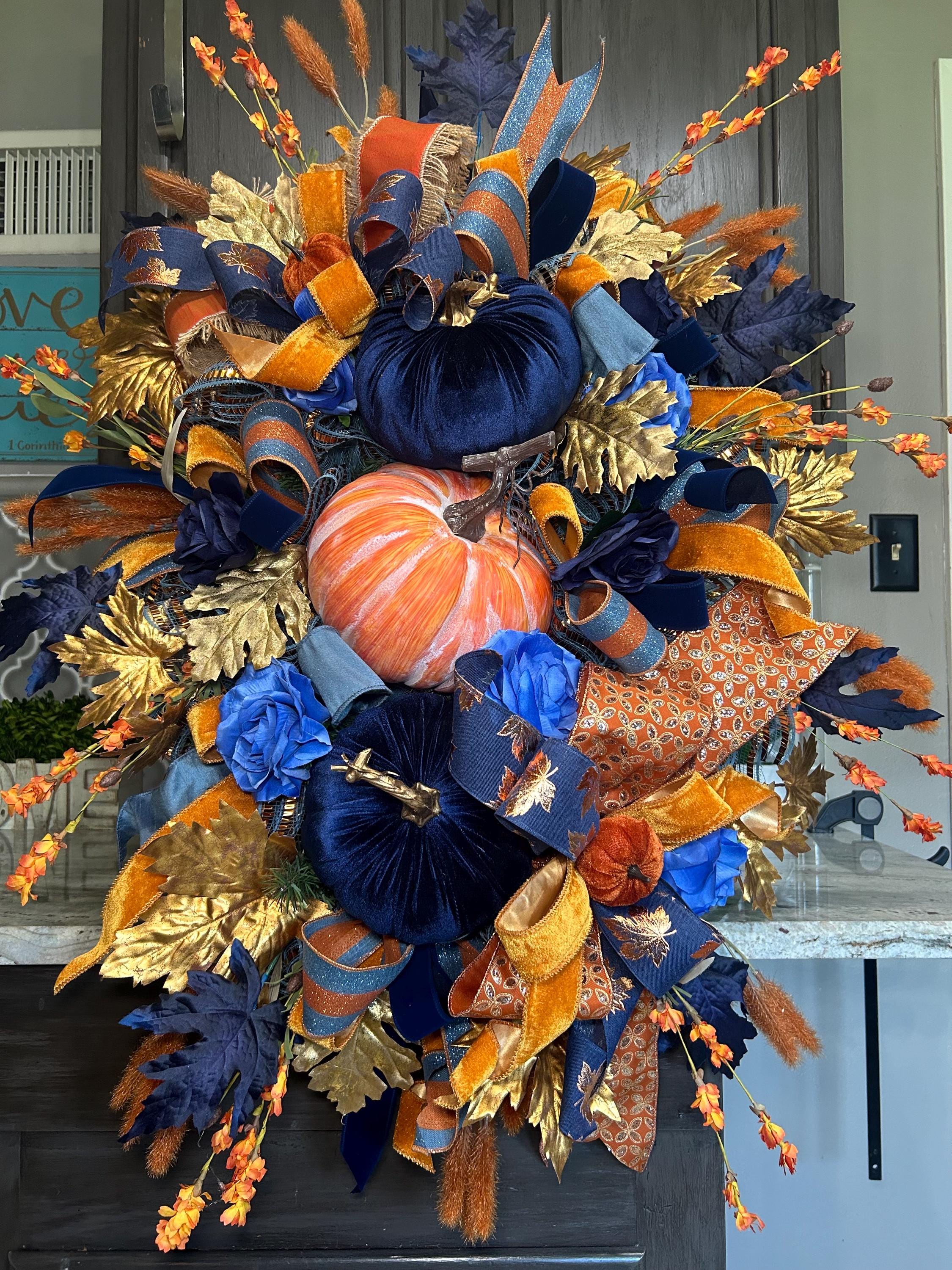Blue Pumpkin Fall Wreath: XL Autumn Decor - Etsy