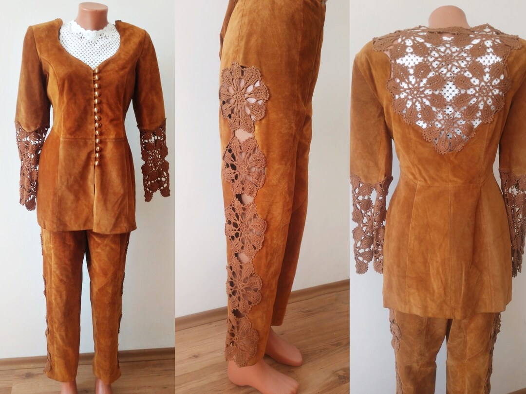 Size L XL Brown Suede Leather Set Leather Jacket and Pants Boho Style ...