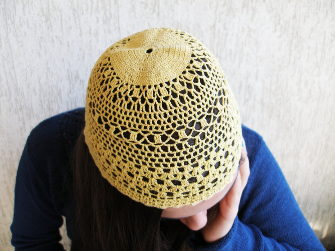Elegant HANDMADE Fishnet Tam Yellow Crochet Mini Hat Women Ethnic ...