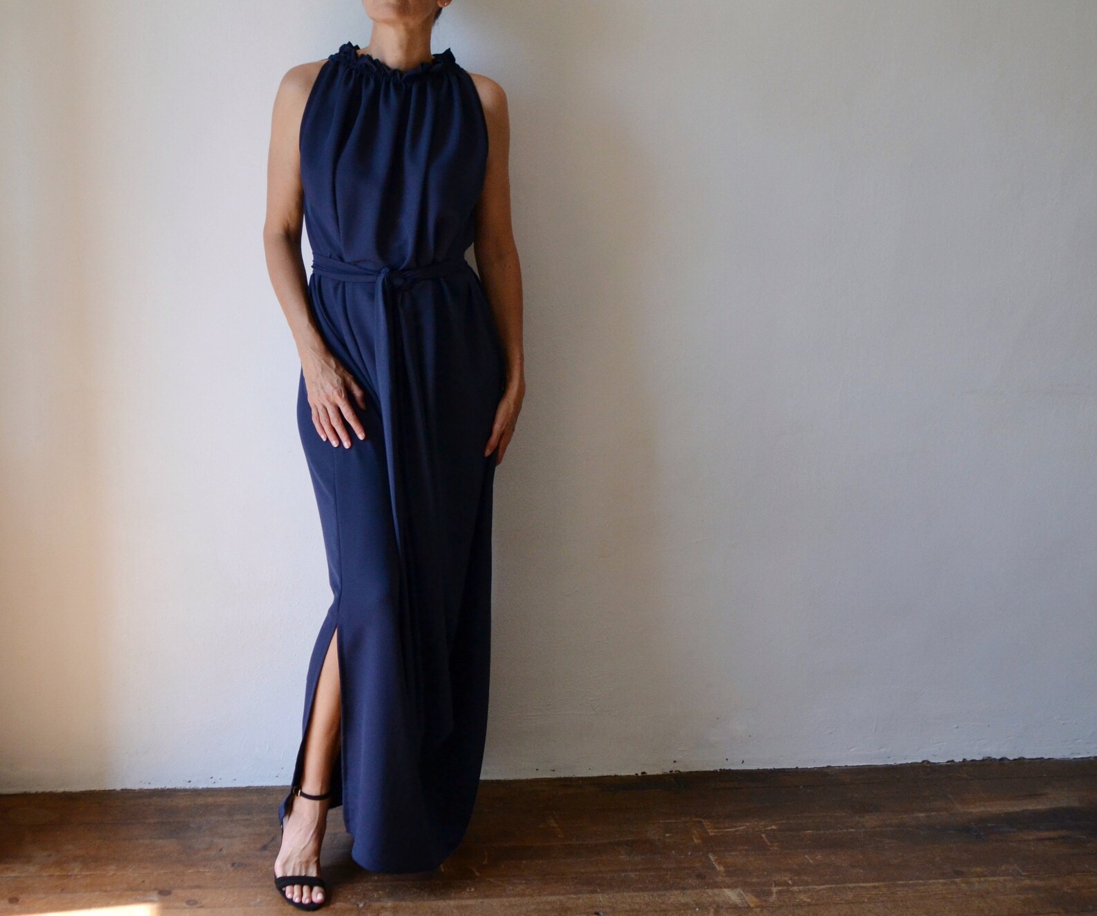 Dark Blue Grecian Floor Length Dress, Long Column Dress for Formal ...
