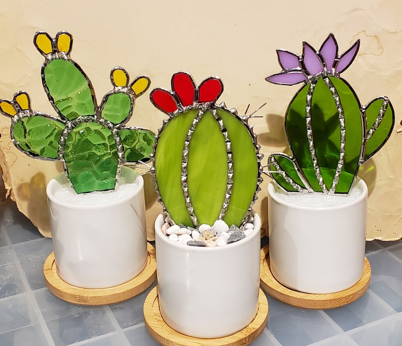 Cute Small Stained Glass Cactus With Red Flower in 2 Pot - Etsy