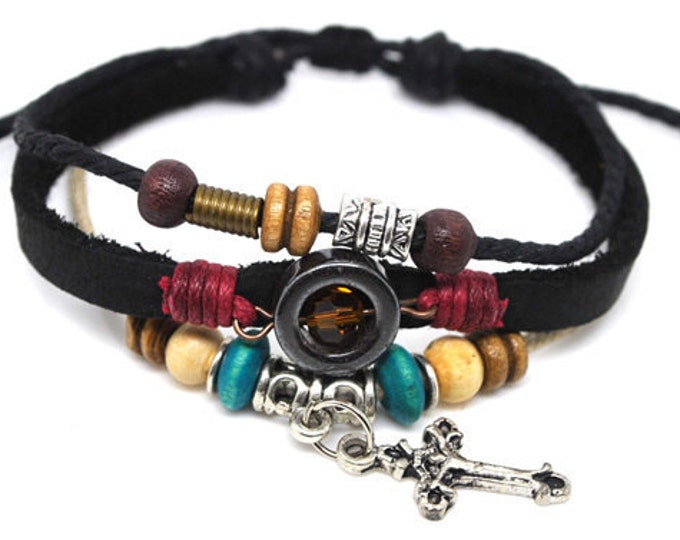 Leather Handmade Cross Charm Bracelet - Etsy