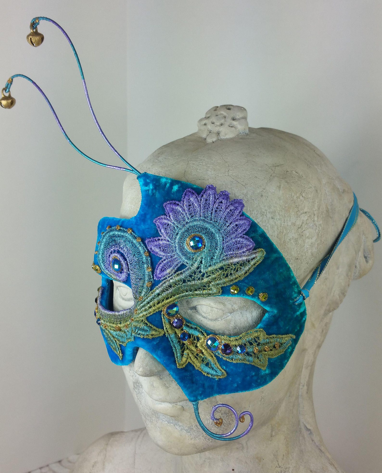 Blue Velvet Masquerade Mask: Lace, Rhinestones, and Bells - Etsy