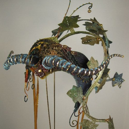 Green and Gold Horned Masquerade Headpiece With Wings// - Etsy