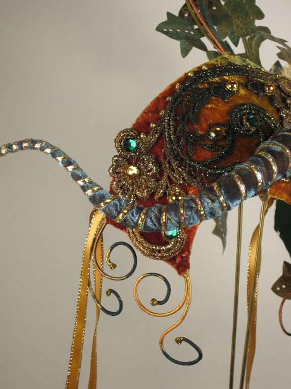 Green and Gold Horned Masquerade Headpiece With Wings// - Etsy