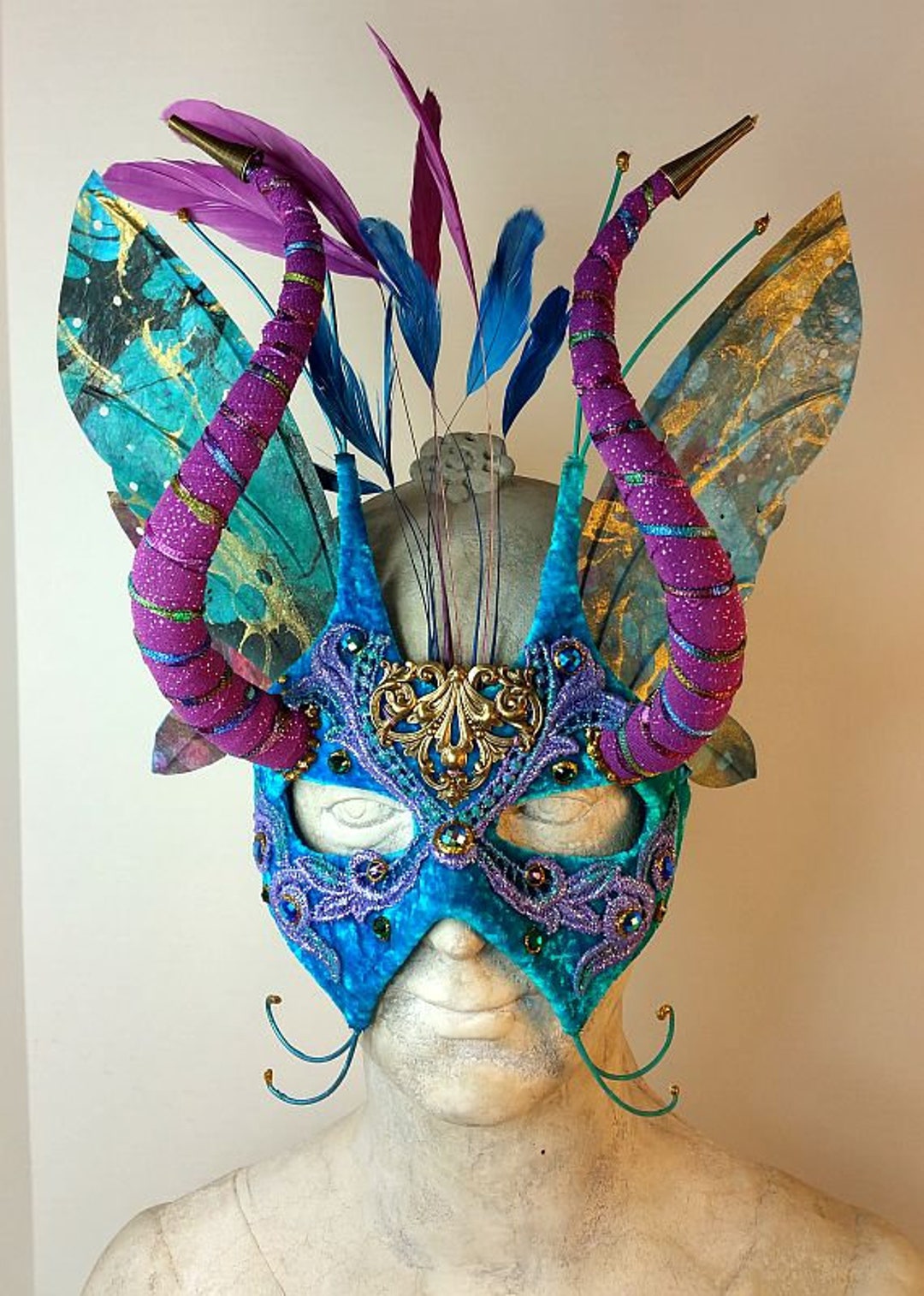 Handmade Blue Velvet Masquerade Mask: Feather & Horn Design - Etsy