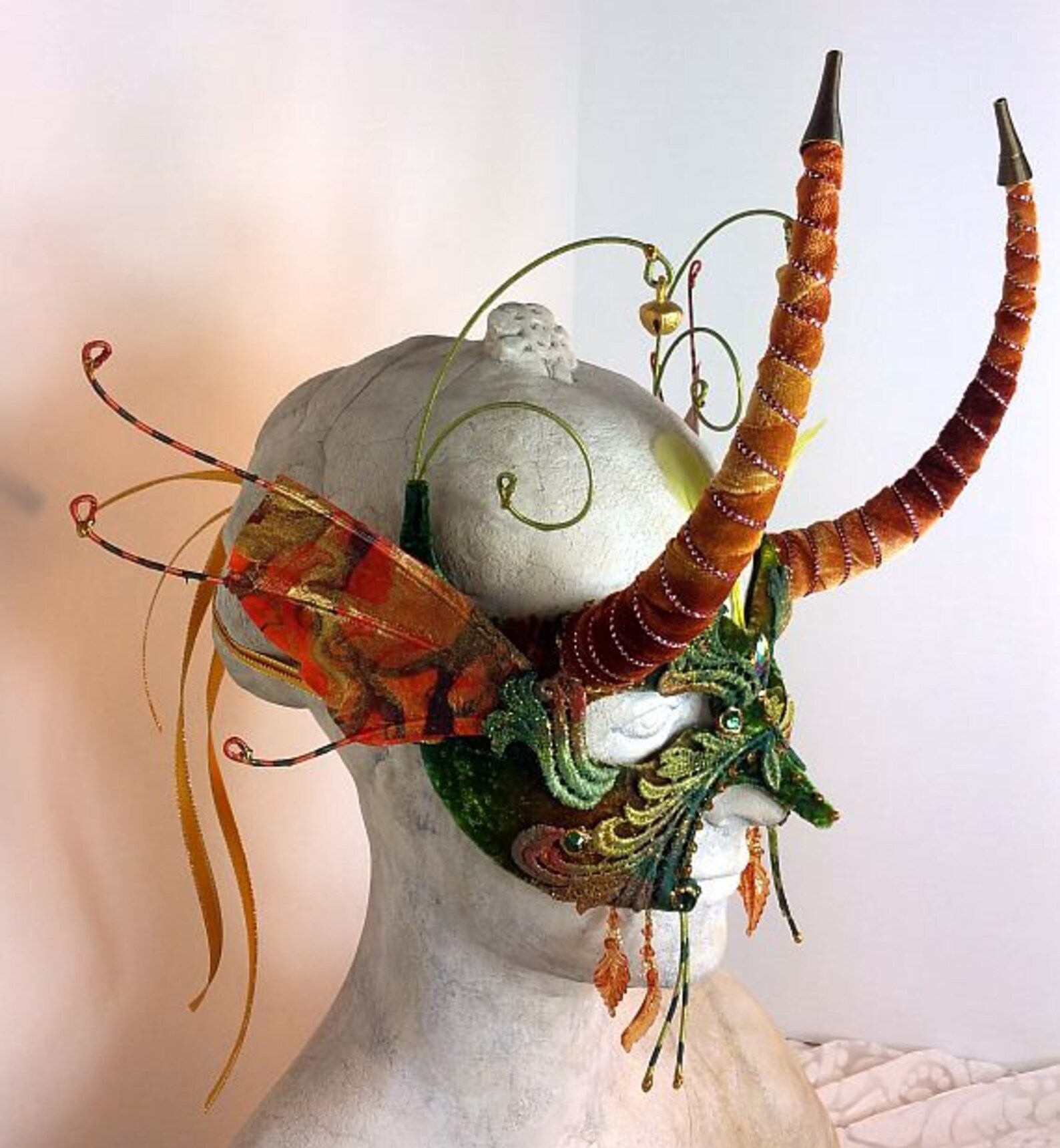 Green Costume Mask Horned Costume Mask Faerie Wing Mask - Etsy