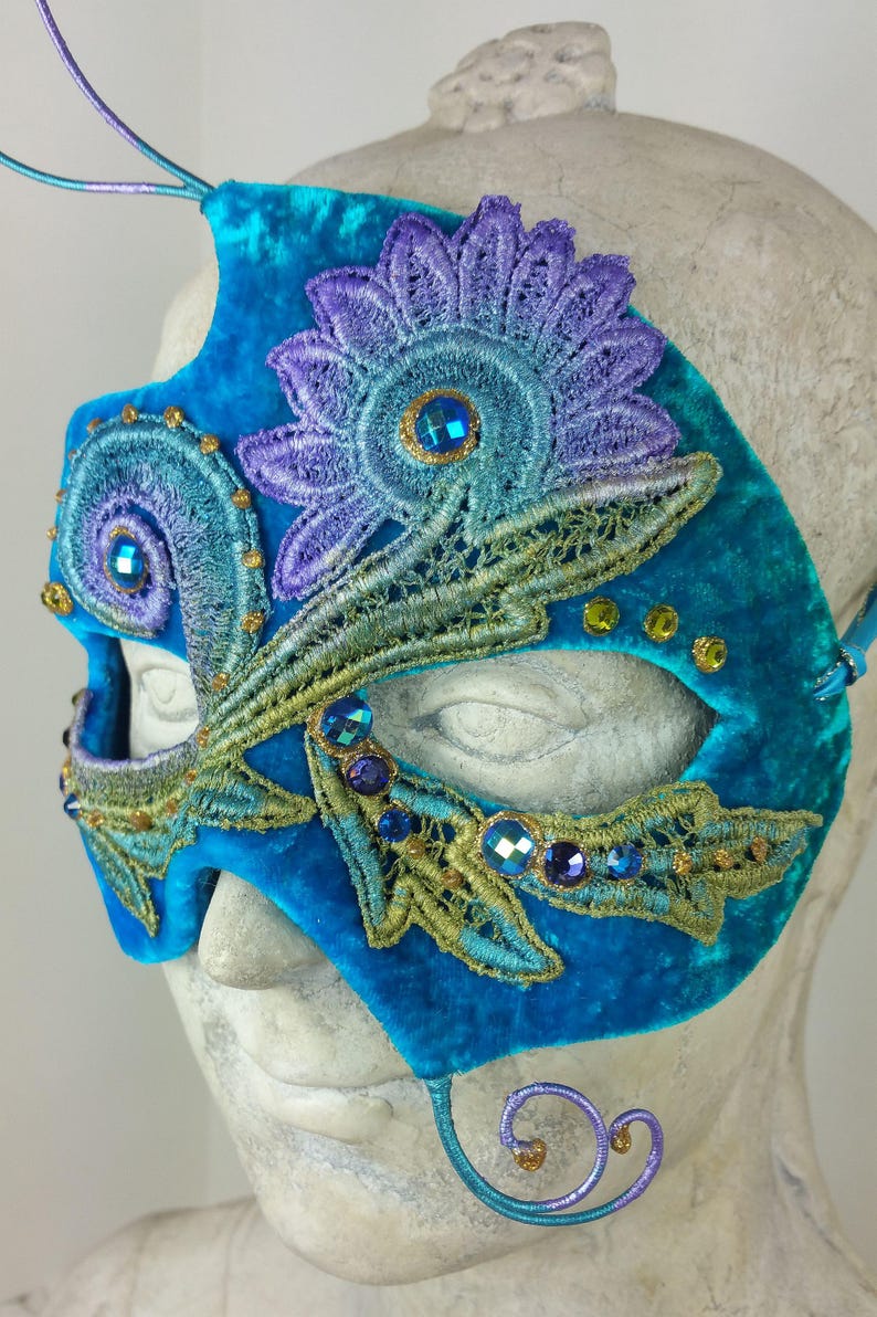 Blue Velvet Masquerade Mask: Lace, Rhinestones, and Bells - Etsy