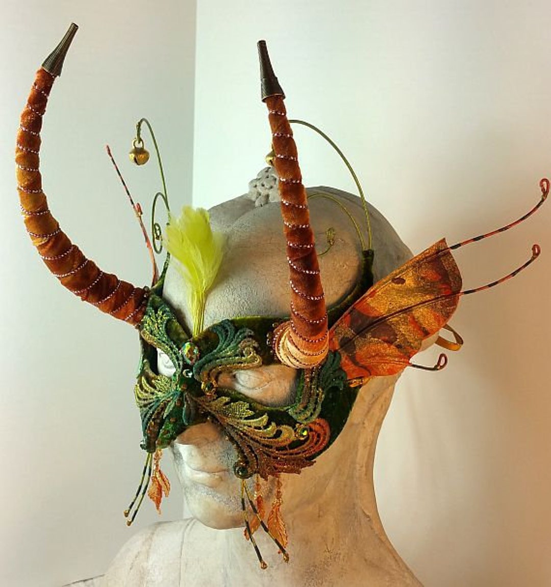 Green Costume Mask, Horned Costume Mask, Faerie Wing Mask, Fantasy Mask ...