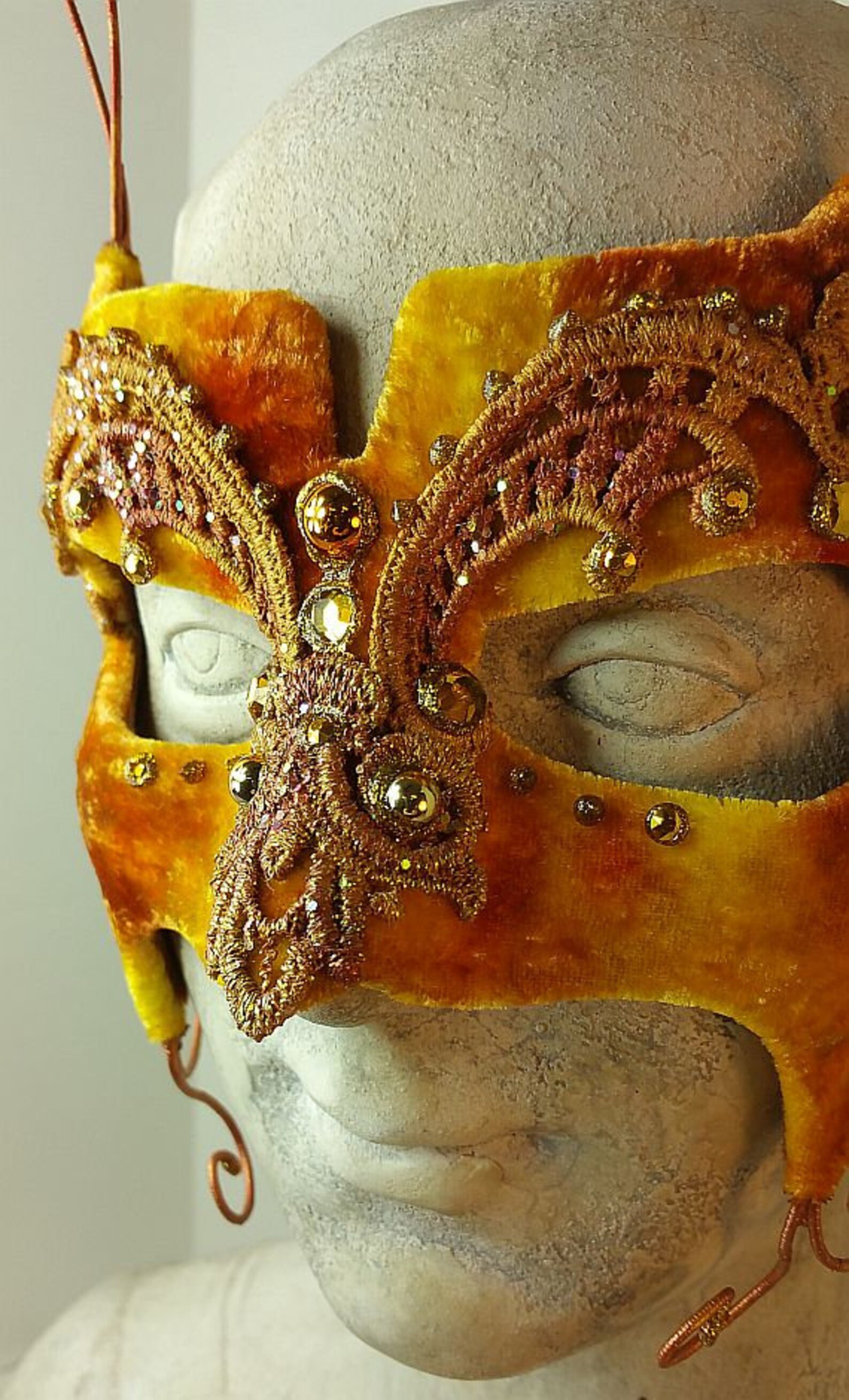 Hand Dyed Silk Velvet Masquerade Mask: Gold Lace, Rhinestones - Etsy