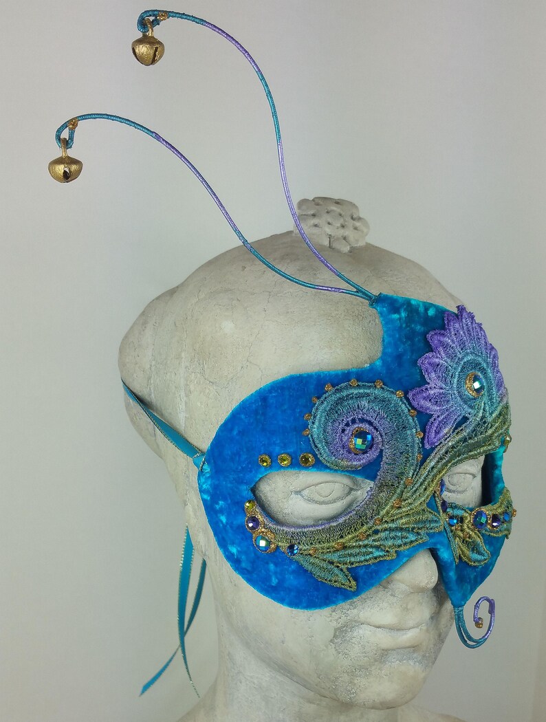 Blue Velvet Masquerade Mask: Lace, Rhinestones, and Bells - Etsy