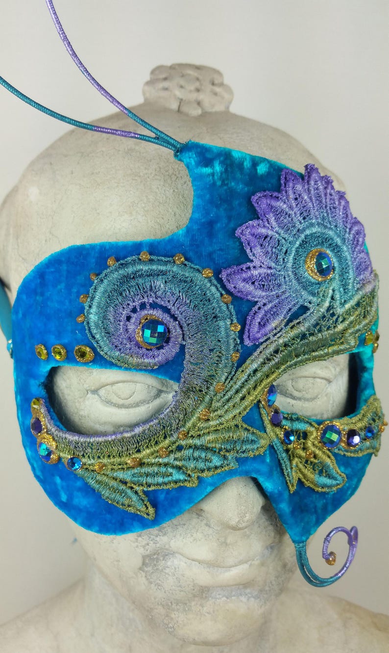 Blue Velvet Masquerade Mask: Lace, Rhinestones, and Bells - Etsy
