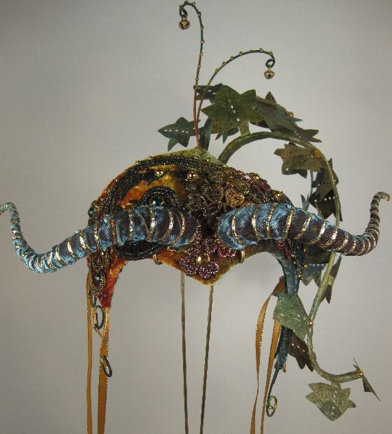 Green and Gold Horned Masquerade Headpiece With Wings// - Etsy