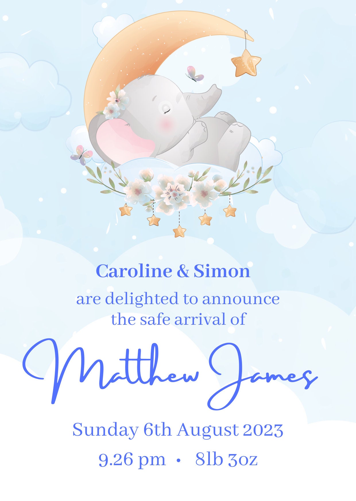 Cute Baby Elephant Birth Announcement Template Personalise - Etsy