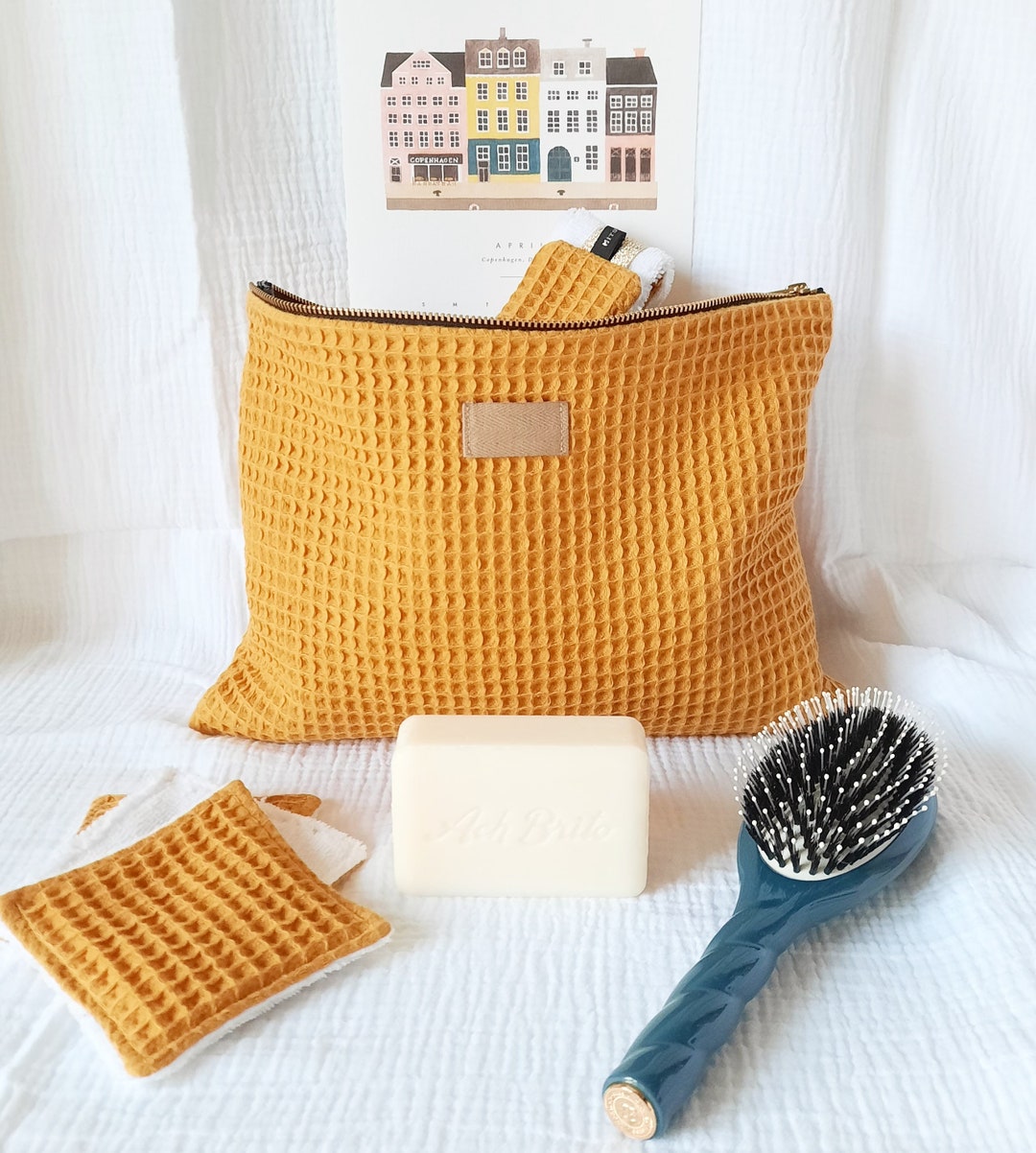 Women's Mustard Honeycomb Toiletry Bag Large Model / Maxi Fabric Pouch ...