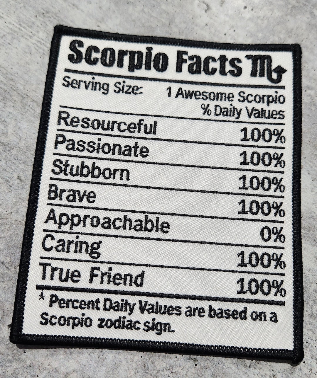 Zodiac:"scorpio"(1-pc) Black & White Nutritional Facts Patch, Iron-on Embroidered Patch ...