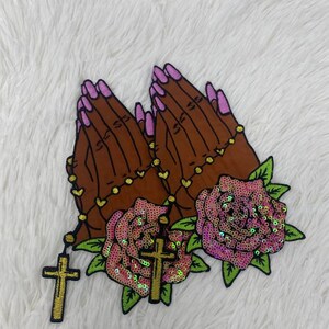 1-pc "praying Hands" W/ Cross and Flowers, Sequins & Satin Patch, 6" Iron-on Applique, Large ...