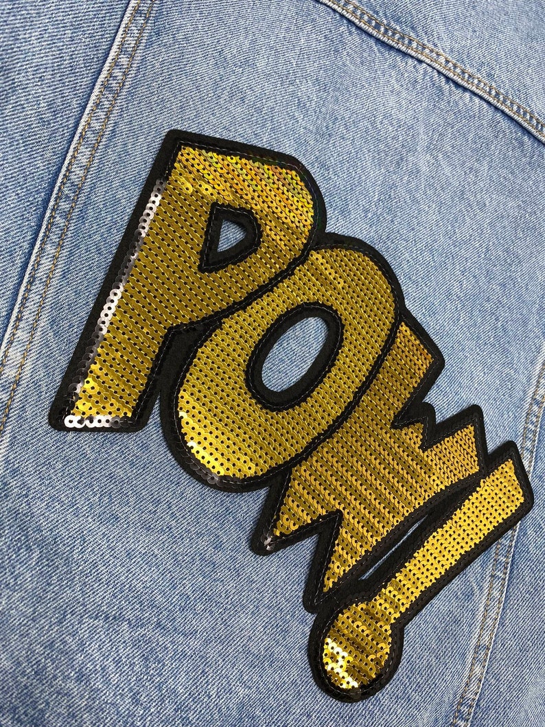 NEW, Gold "pow!" Sequins Sparkling Patch, Large Applique, Statement ...