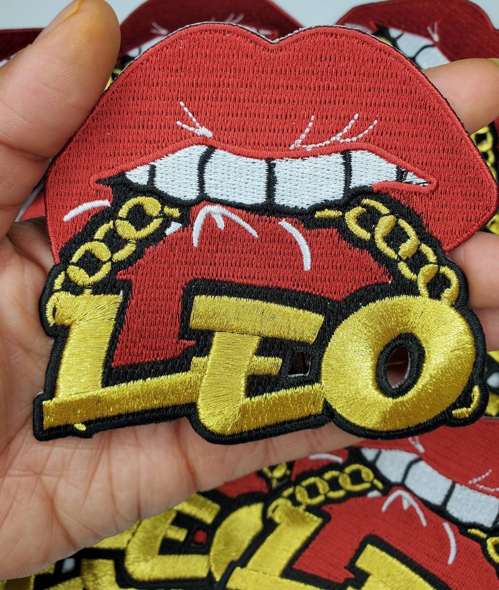 Poppin' Red Lip "leo" W/gold Metallic Chain|iron-on Embroidered Patch ...