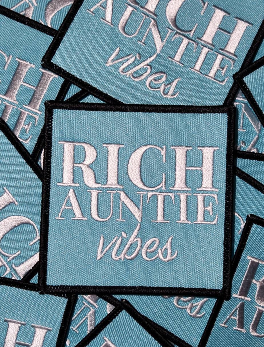 New, 1-pc "rich Auntie Vibes", Light Blue, Black Border, Iron-on ...