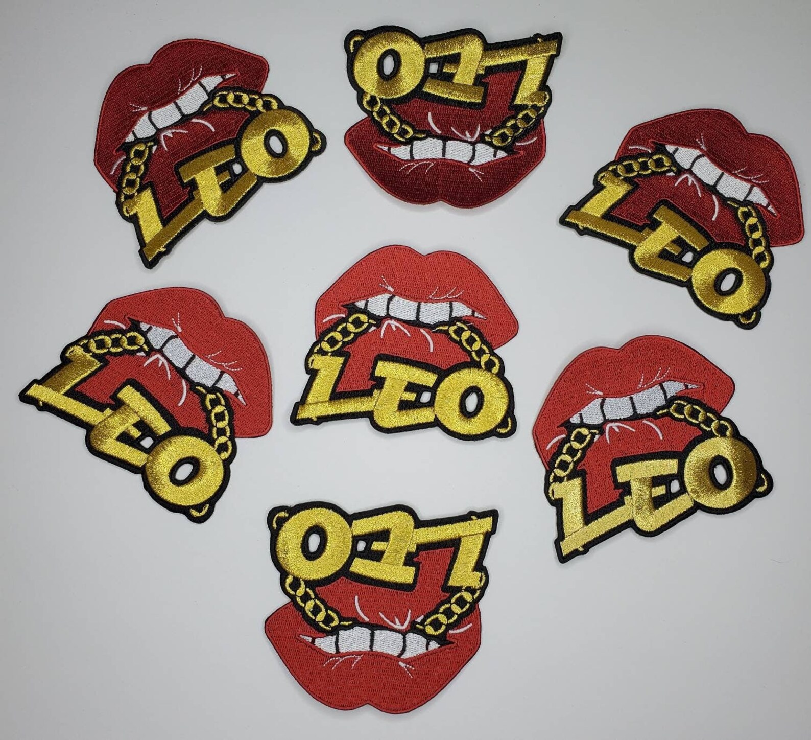 Poppin' Red Lip "leo" W/gold Metallic Chain|iron-on Embroidered Patch ...