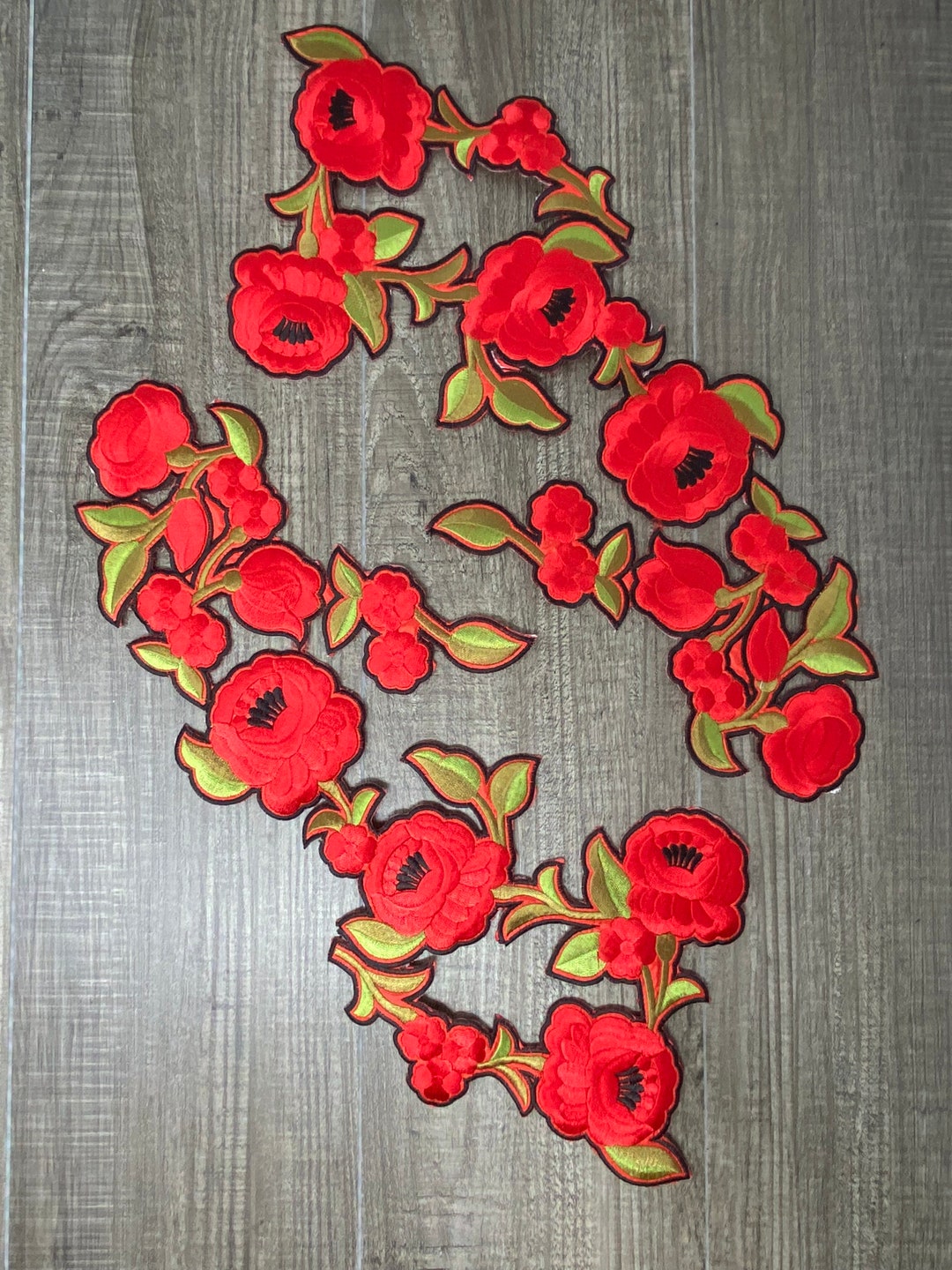 New, Blossoming Elegance: 16" Red Rose Embroidered 2 Pc Patch Set - 10 ...