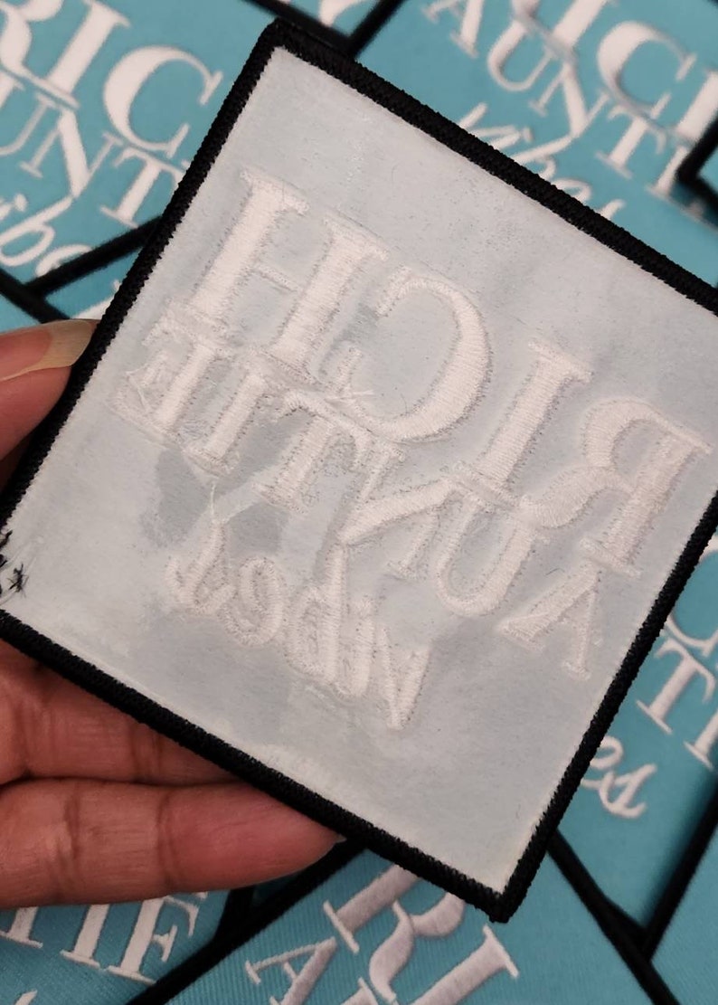 New, 1-pc "rich Auntie Vibes", Light Blue, Black Border, Iron-on ...