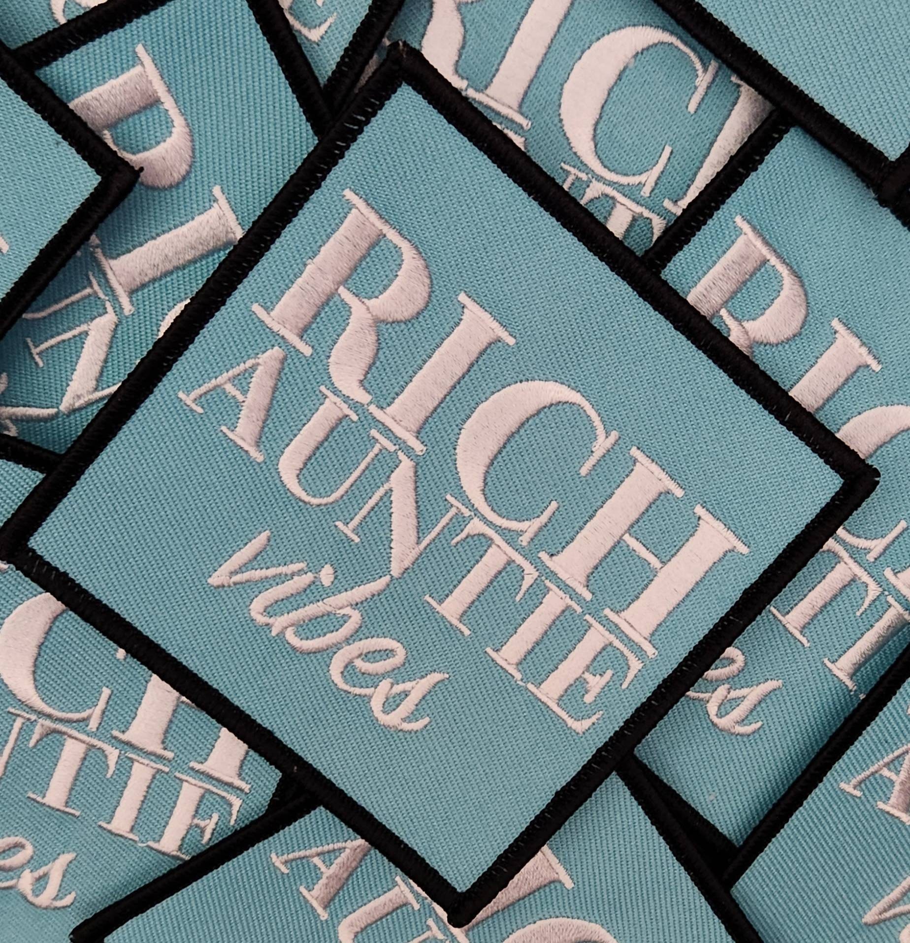New, 1-pc "rich Auntie Vibes", Light Blue, Black Border, Iron-on ...