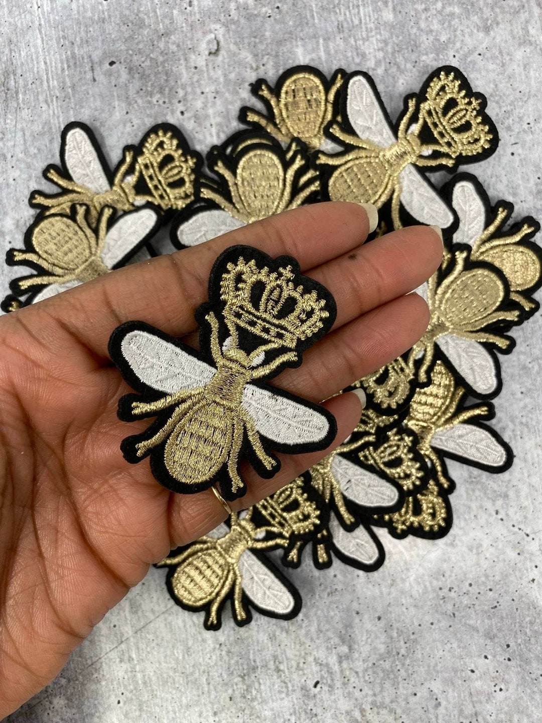 Small "bee W/crown" 1-pc, Metallic Gold, Jacket Patch, Embroidered ...