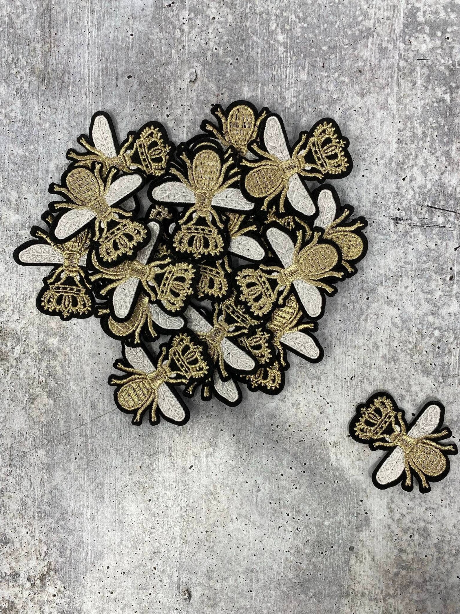 Small "bee W/crown" 1-pc, Metallic Gold, Jacket Patch, Embroidered ...
