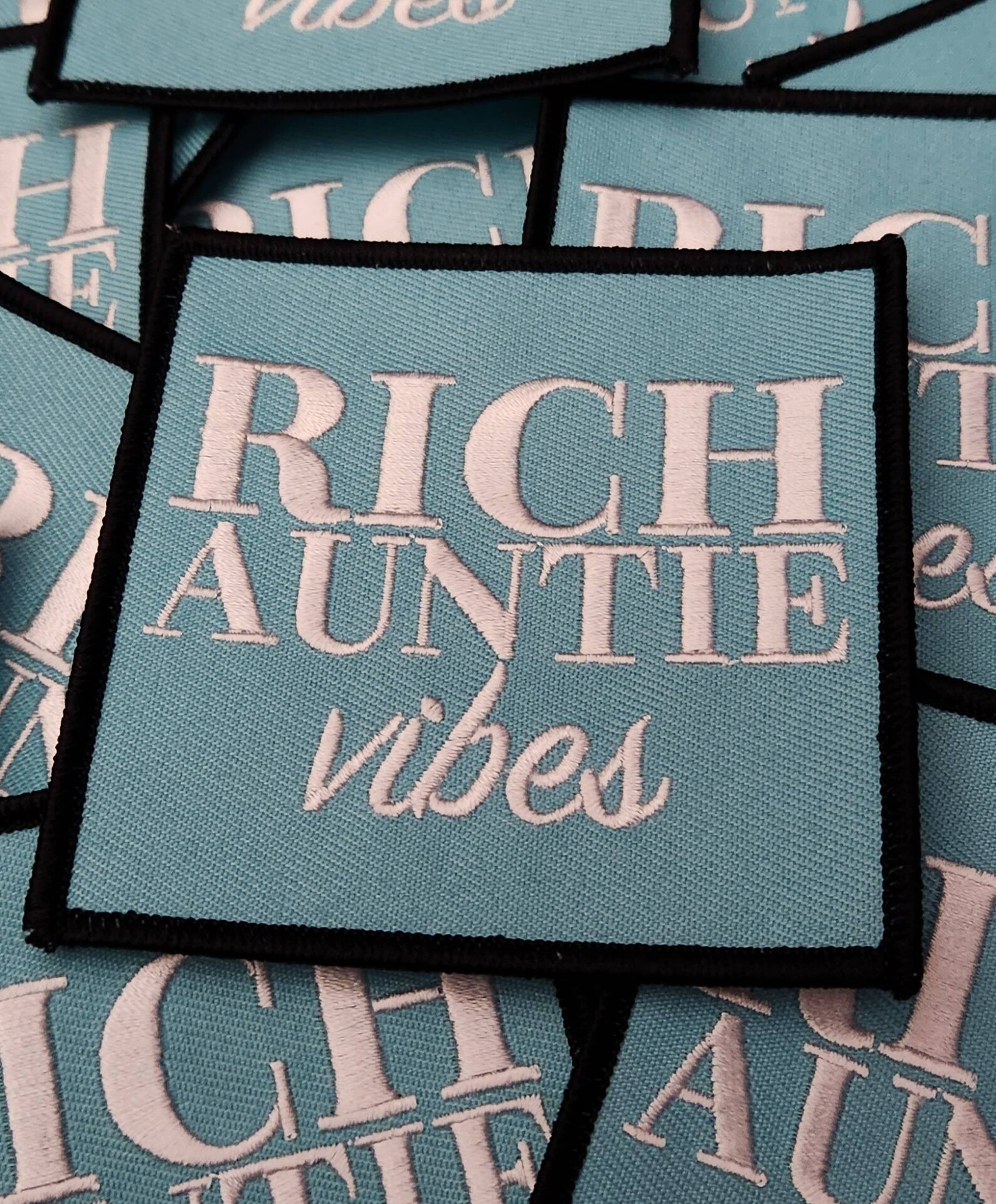 New, 1-pc "rich Auntie Vibes", Light Blue, Black Border, Iron-on ...