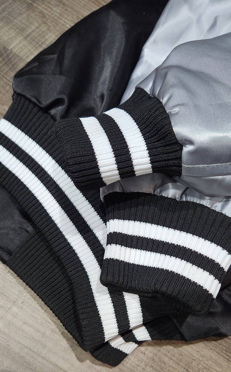 Limited Edition: Satin, Black Body, Gray Arms, White Stripes, Varsity ...