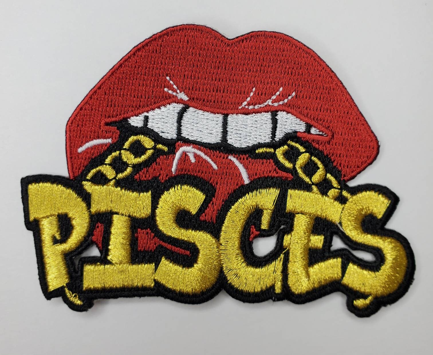 Poppin' Red Lip "pisces" W/gold Metallic Chain|iron-on Embroidered ...