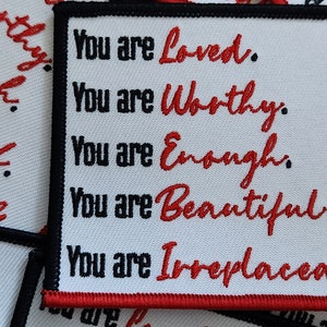 Affirmation Badge, 1-pc, 3" RED/BLACK Border "loved. Irreplaceable"iron ...