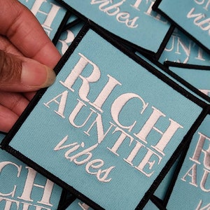 New, 1-pc "rich Auntie Vibes", Light Blue, Black Border, Iron-on ...